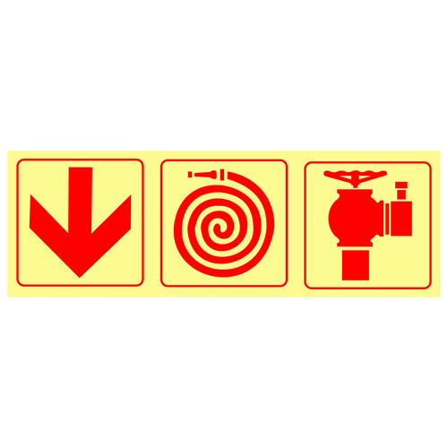 RED ARROW DOWN, FIRE HOSE AND FIRE HYDRANT PHOTOLUMINESCENT | Hashtag Signs