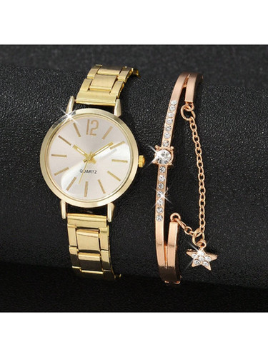 2pcs/Set Ladies Watch Gold Watch Trendy Alloy Quartz Women's Watch With ...