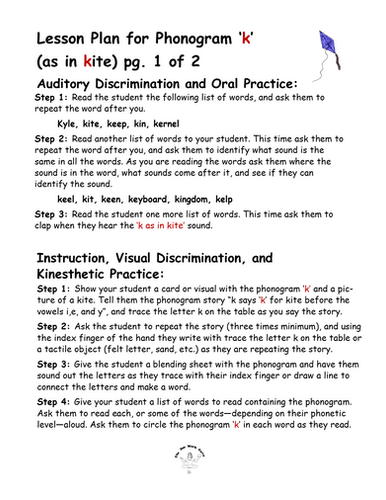 K says 'k' for Kite Orton-Gillingham Phonogram Lesson Plan Package | Mysite