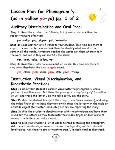 Y says 'y' for Yo-yo Orton-Gillingham Phonogram Lesson Plan Package | Mysite