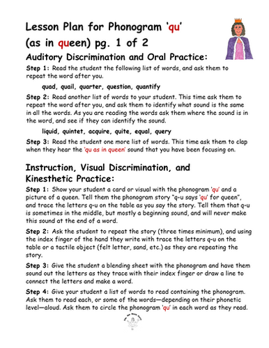 Q-U Says 'qu' for Queen Orton-Gillingham Phonogram Lesson Plan Packag ...
