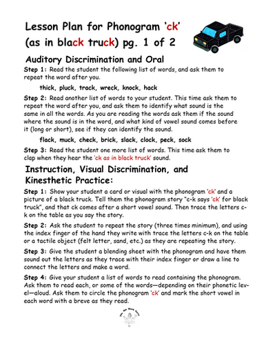 C-K Says 'ck' for Black Truck Orton-Gillingham Phonogram Lesson Plan ...