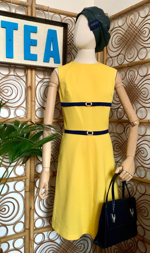 60s Lemon Yellow Navy Buckle Mod Dress | Teri England Attire