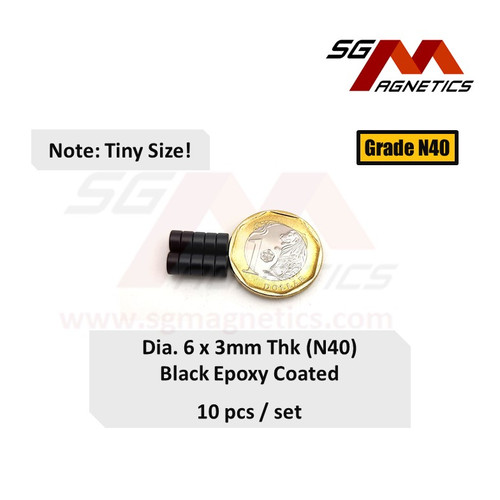 6x3mm N40 - Black Epoxy Neodymium Disc Magnets - 10pcs | SG Magnetics