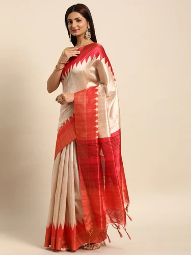 Cream & Orange Colourblocked Tussar Silk Saree | Weaver Saga Pvt Ltd