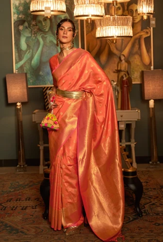 Bright Orange Woven Kanjivaram Handloom Silk Saree with Striking Border ...