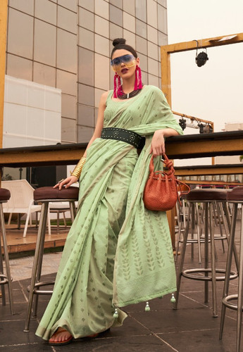 Women's Patel Green Linen Handloom Weaving Saree | Weaver Saga Pvt Ltd