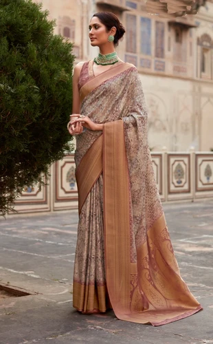 Chocolate Brown Banarasi Digital Printed Silk Saree | Weaver Saga Pvt Ltd