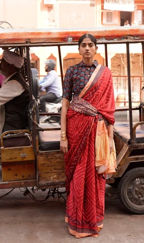 Stunning Red and Golden Sawari Saree with Ajrak Bandhani Print | Weaver ...