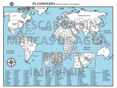 Mapa Planisferio con división Política y nombres con mar azul | home