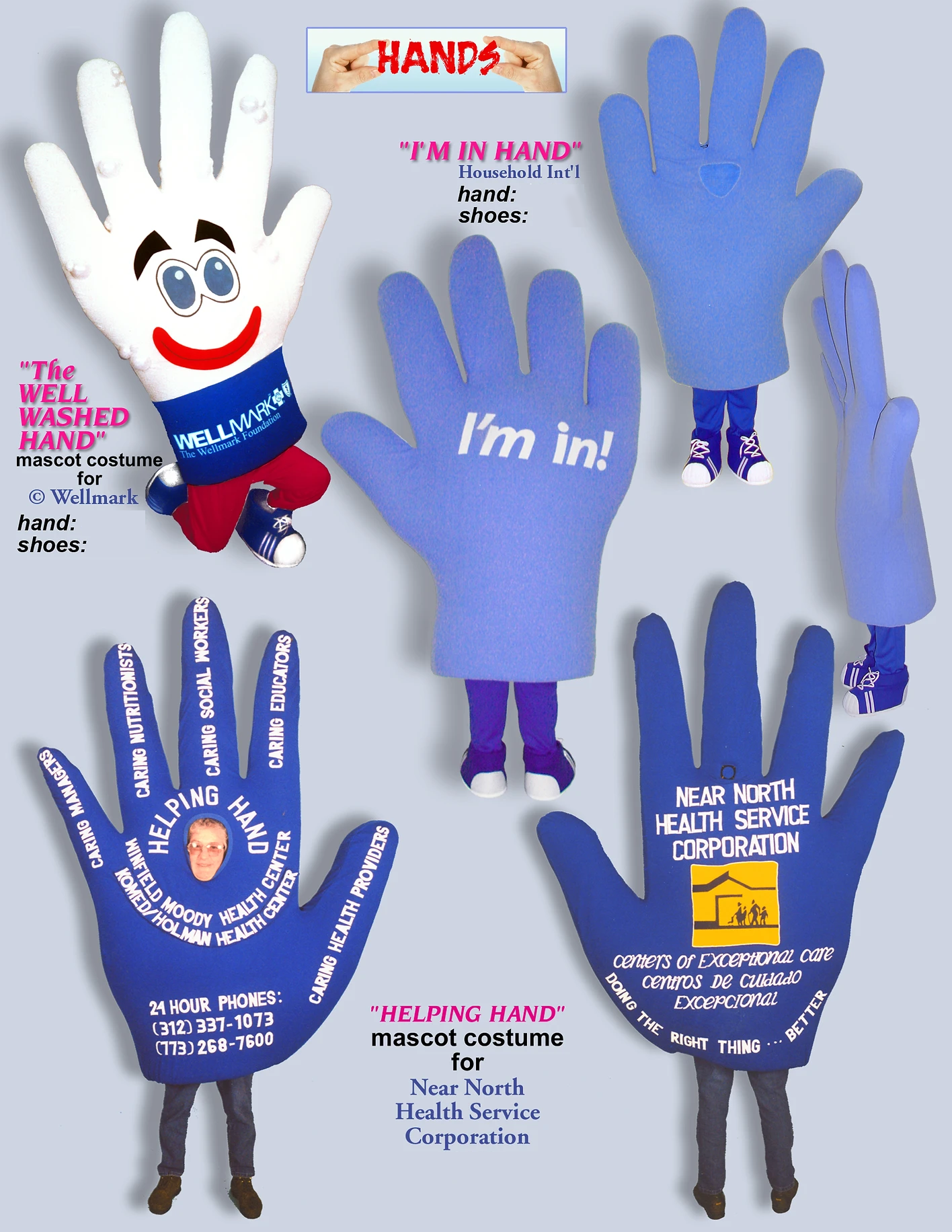 Great Hands Mascot Costumes Pre-designed or Customized For Your Org.