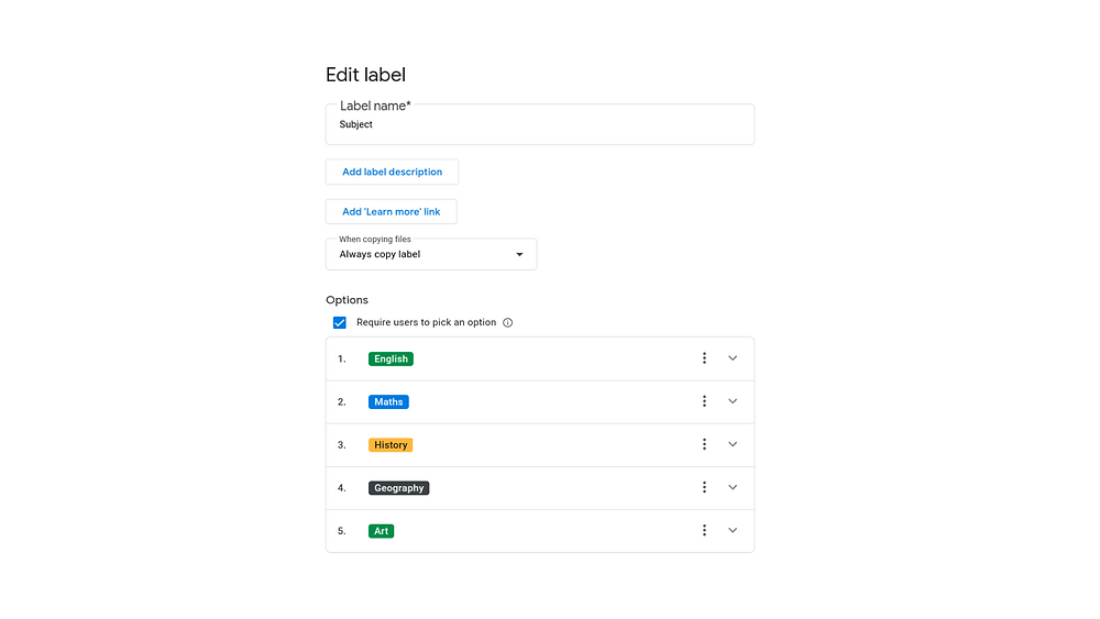 Subject Labels for Work in Google Drive