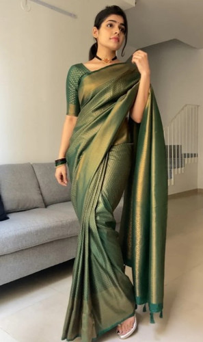 Buy Kubera Pattu Ready to Wear Soft Silk Saree in Dark Green Color Online