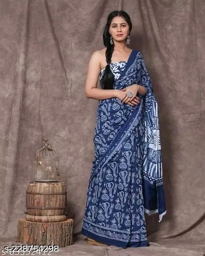 Indigo Color Saree - Ready to Wear Cotton Saree - Block Print - WiMO