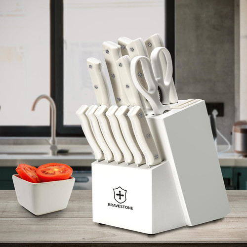BRAVESTONE Knife Set, 15 Piece Kitchen Knife Set with Block Self ...