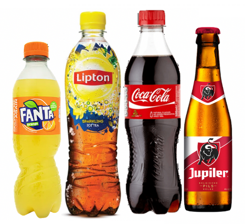 50cl flesjes Coca-cola, Spa, Ice tea, RedBull, Jupiler, flesje wijn wit ...