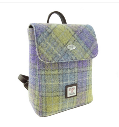 Harris Tweed 'Tummel' Mini Backpack in Muted Lilac / Lime Green Tartan ...