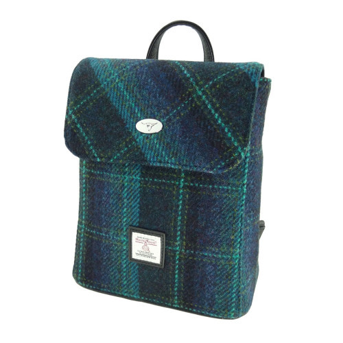 Harris Tweed 'Tummel' Mini Backpack in Blue with Turquoise Overcheck ...