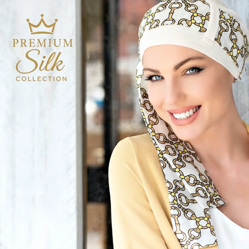 Yanna Silk White Golden Chain Easy-Tie Chemo Headscarf | CancerPal