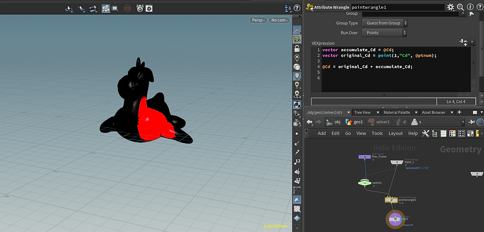Accumulate Color (Cd) Over Time Using SOP Solver in Houdini
