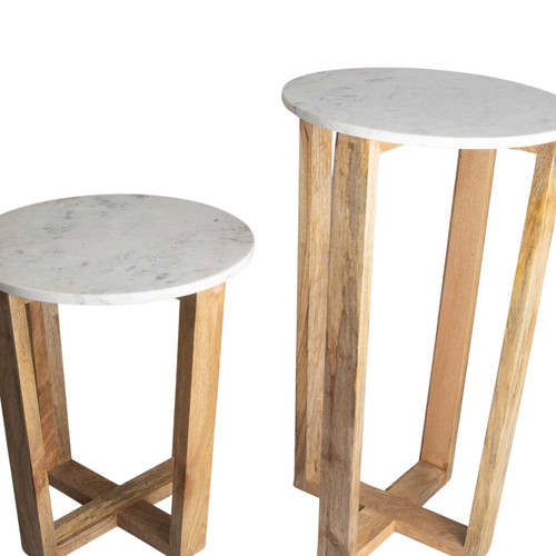 Marble + Mango Wood Accent Table | Round Mango Wood Side Table