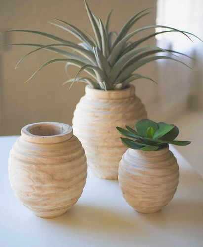 Bliss Carved Wood Pots Set | Natural Wood Planters