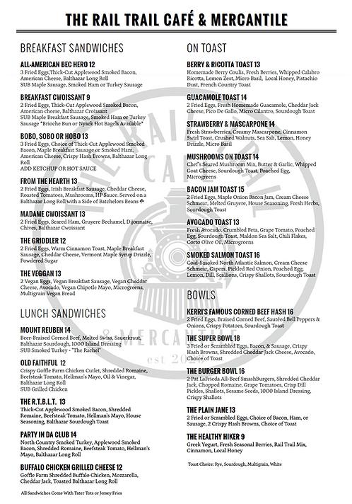 Menu | The Rail Trail Cafe