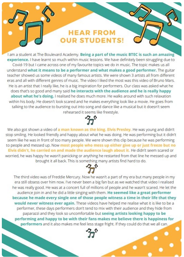 Secondary | The Boulevard Academy | England | Curriculum | Subjects | Music