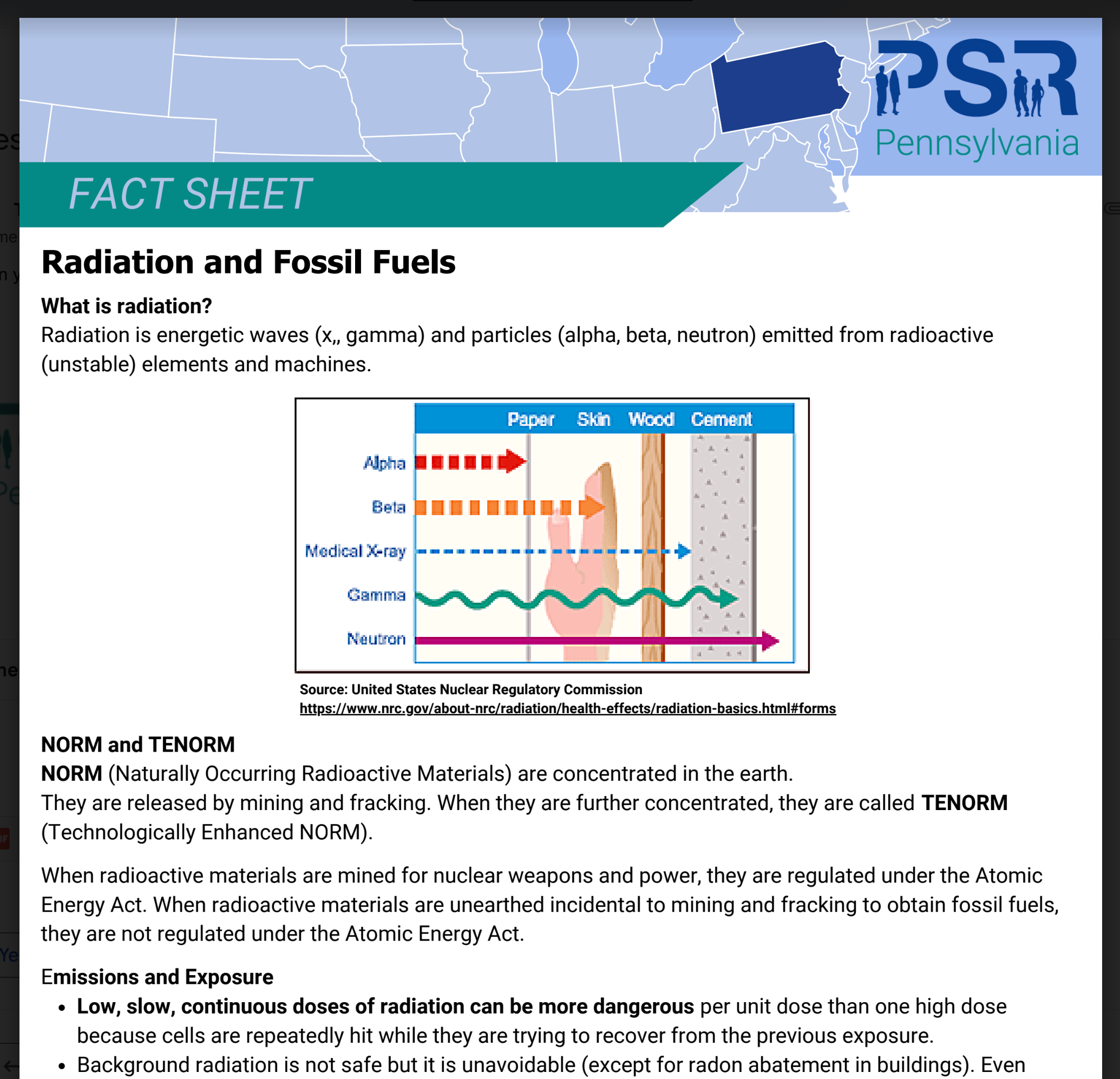 Radiation Fact Sheet | PSR Pennsylvania NEW