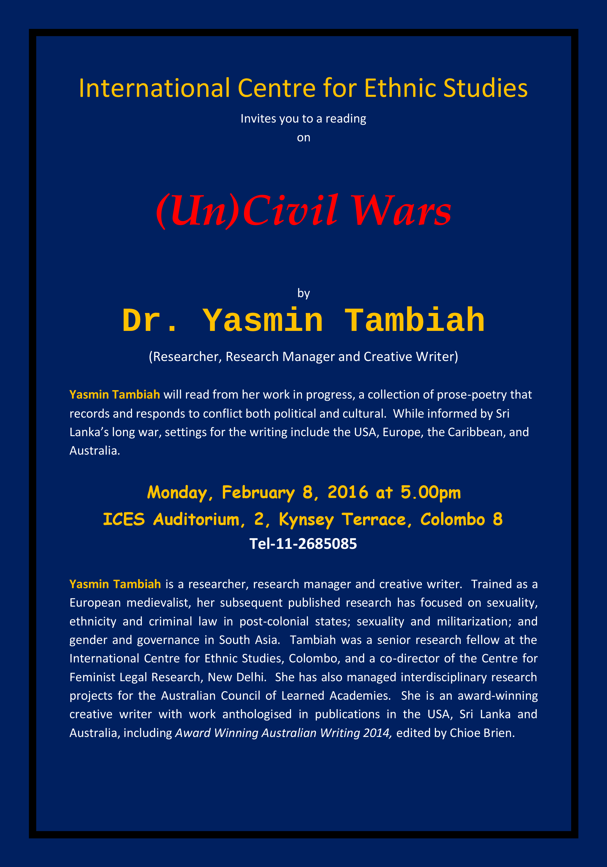 (Un)Civil Wars : a reading by Dr. yasmin Tambiah | ICES - International