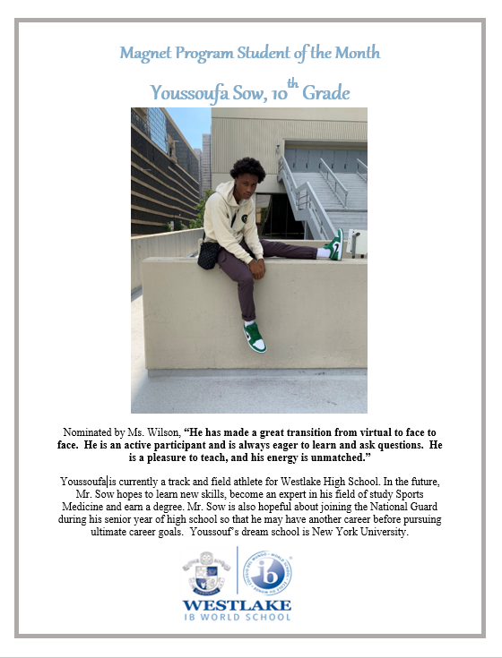 March 2021 10th Grade Magnet Student of the Month