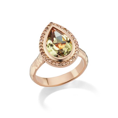 14k Rose Gold Pear Cut Hammered CSARITE® Ring With Champagne Diamond ...