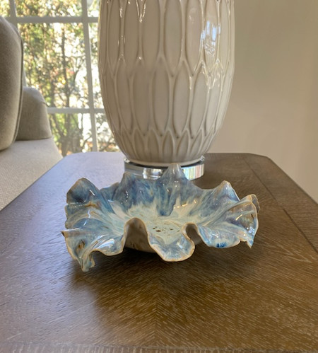 Handbuilt Blue Wavy Ceramic Bowl With Ruffled Edges For Coastal Home