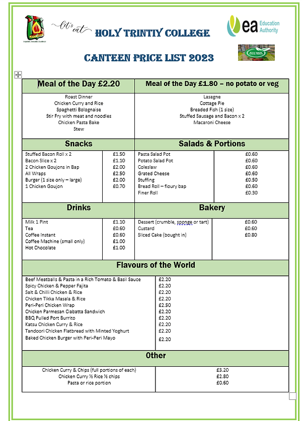Canteen Menue | Holy Trinity College