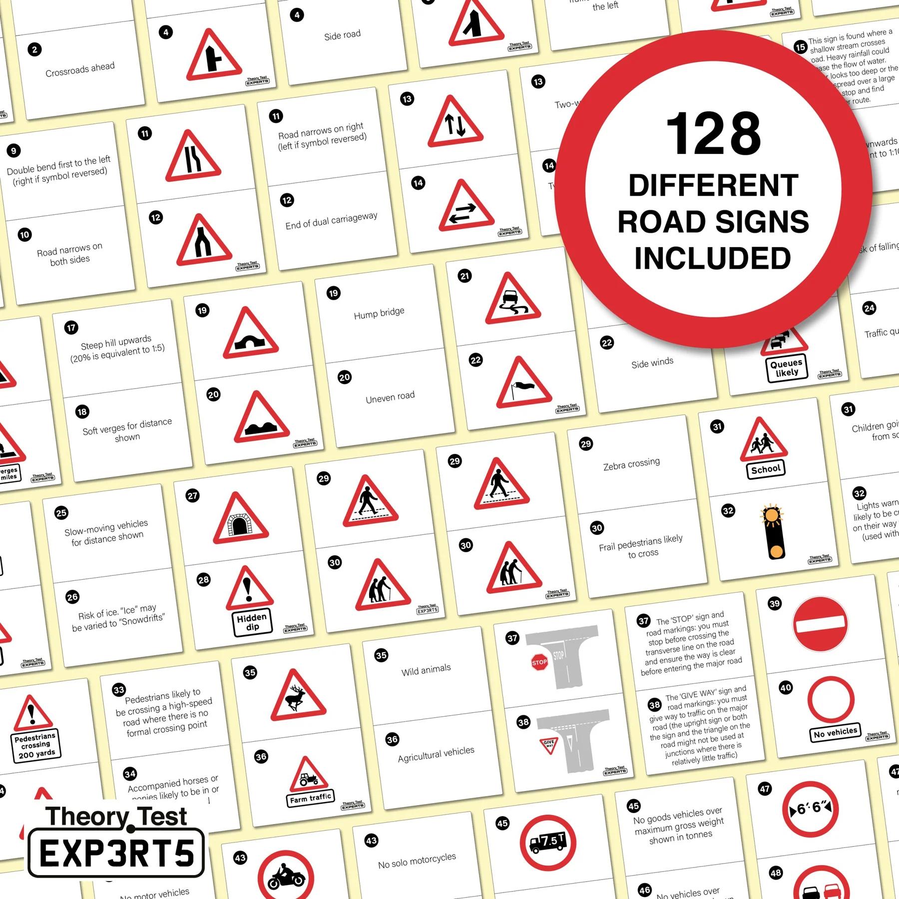 Theory Test Road Sign Revision Cards (128 pack) | WS Driving School