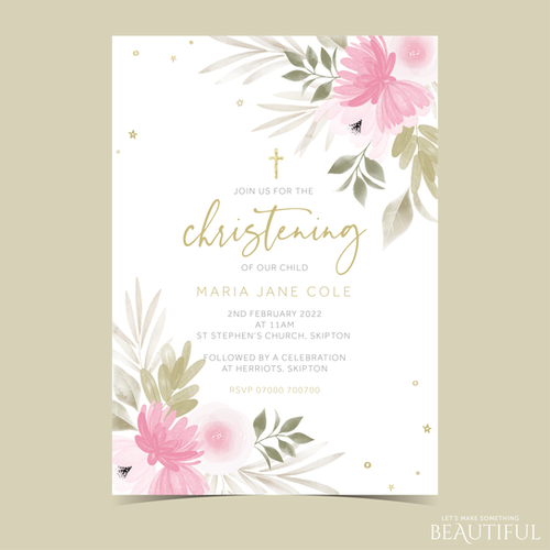 Pink Corner Flowers Christening Invitation | Let's Make Something Beautiful