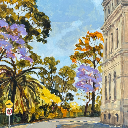 Corner of Arrupe, Jacaranda season | Kate Gradwell Art