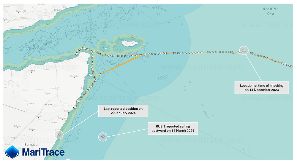 Hijacked cargo ship RUEN on the move after 45 days at anchor on Somalia ...