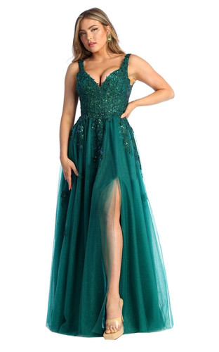 Hunter Green Low-cut, High Slit Tulle Skirt Long Dress | NB Formal Wear