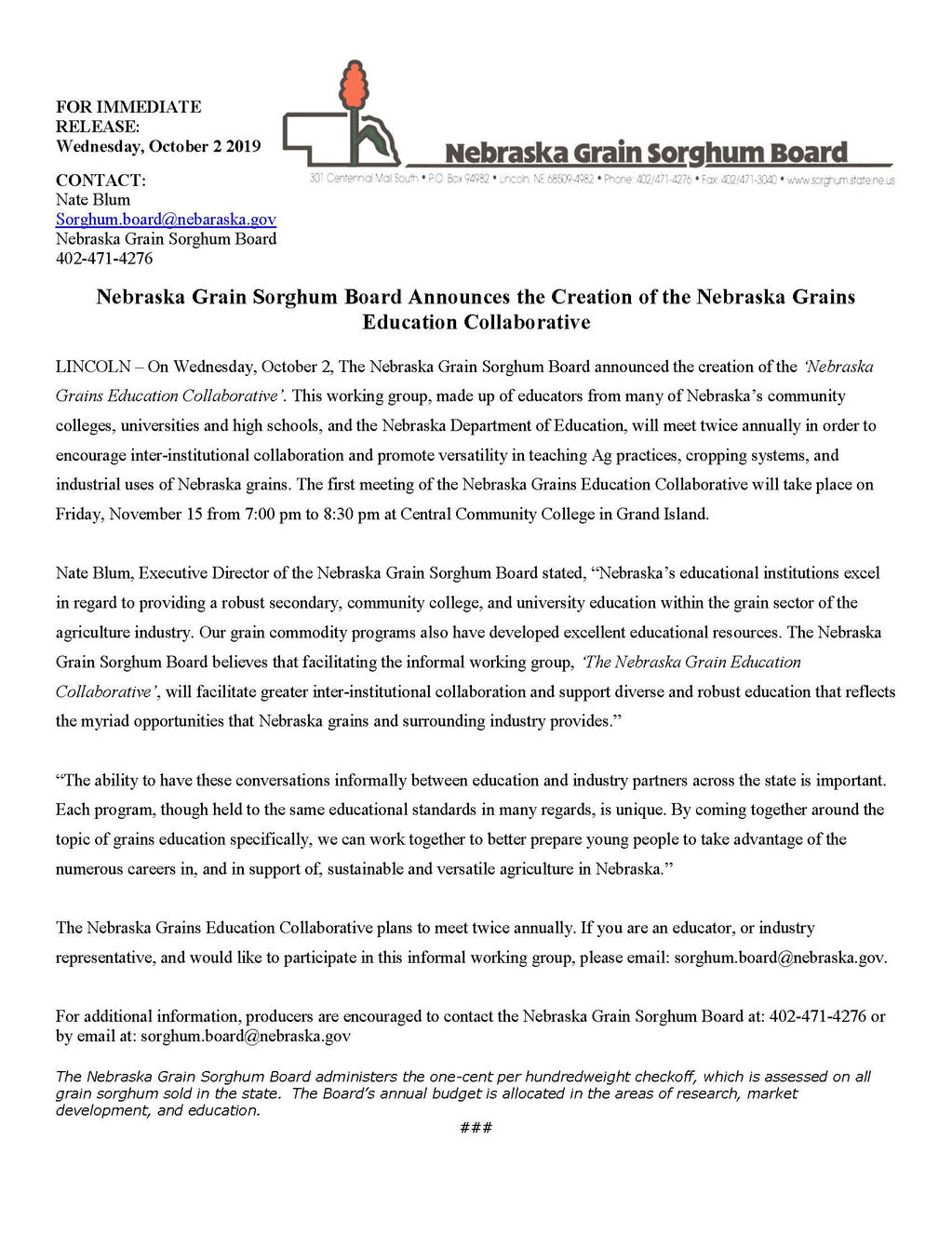 Nebraska Grain Sorghum Board and Producers Association