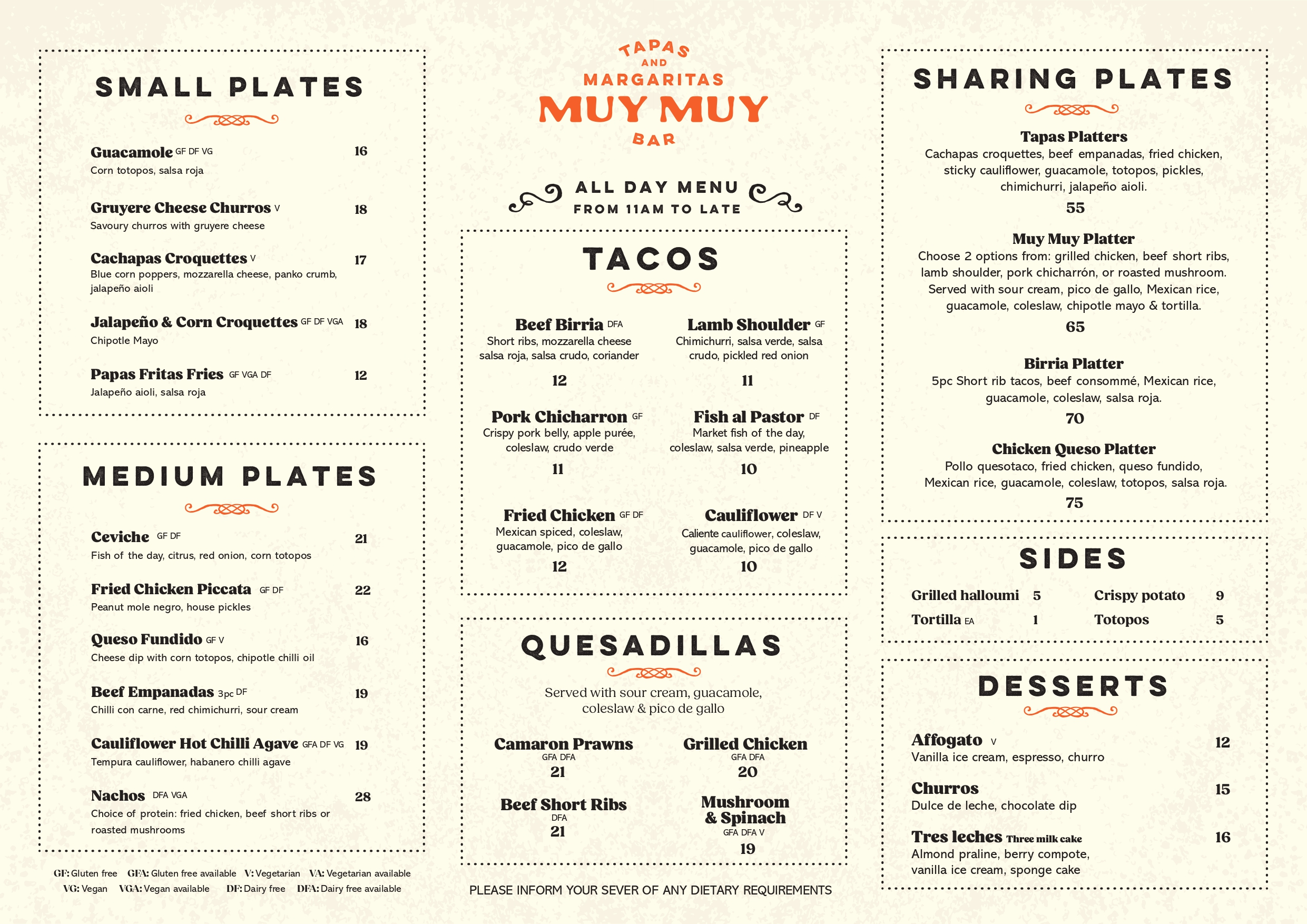 Muy Muy | Menu | Tapas& Margarita Bar
