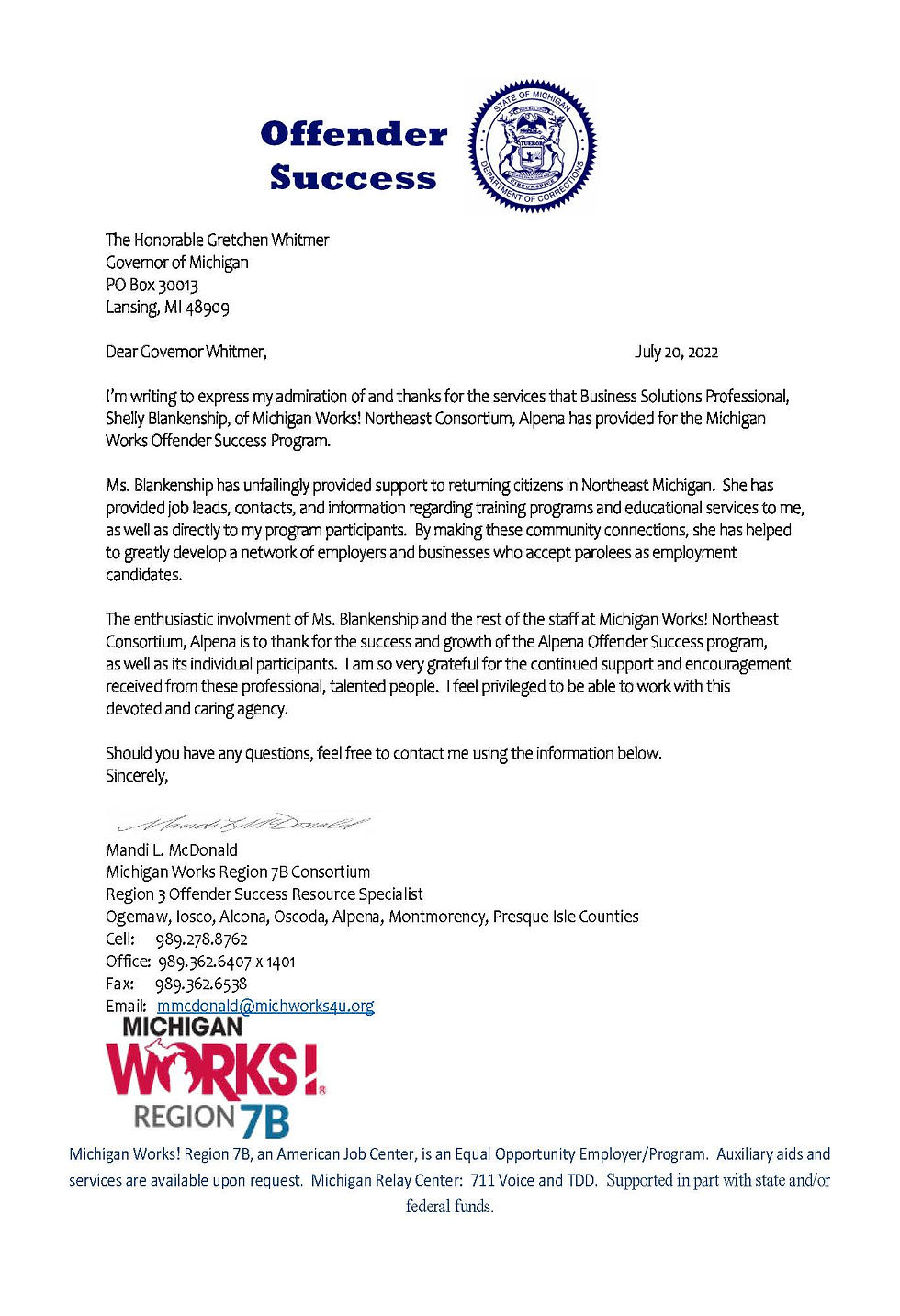 Offender Success Program Commends Michigan Works! in Letter to Governor