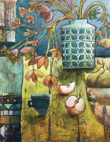 A Pause with Tea and Hellebores (Framed) 75x60cm Canvas | Sally Ellis Art