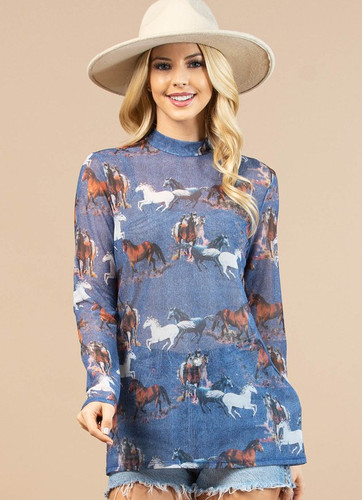 Denim Blue Mesh Top with Running Horses Print | Gypsy Wind Boutique