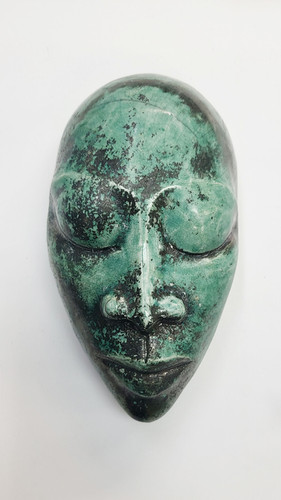Green Glazed Raku Mask 2 by artist Gene Pearson | Lovetts Fine Art Gallery