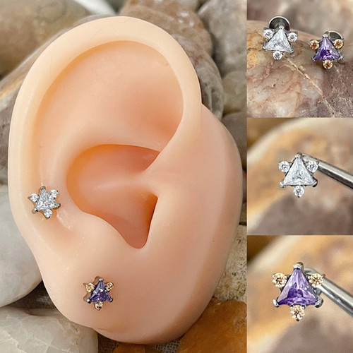 ASTM F136 Titanium Triangle & Round Cubic Zirconia Gem Labret 1.2mm 6/8mm | crystal-berries
