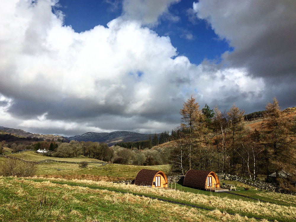 Everyone enjoying the sunshine at Kentmere Farm Pods
