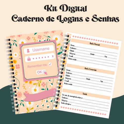Kit Digital A5 - Caderno de Logins e Senhas | Personalize