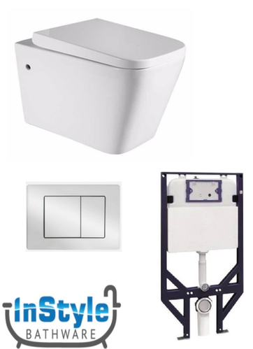 Taz- White Box Rim Wall Hung Pan with Frame In-Wall Cistern & Chrome ...